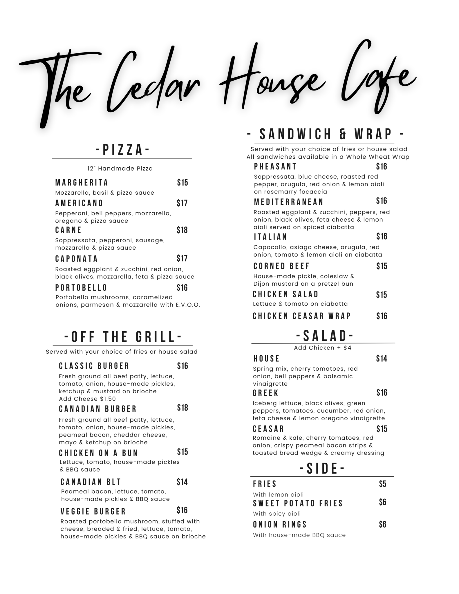 Cedar Cafe Menu - Pheasant Run Golf Club Pheasant Run Golf Club